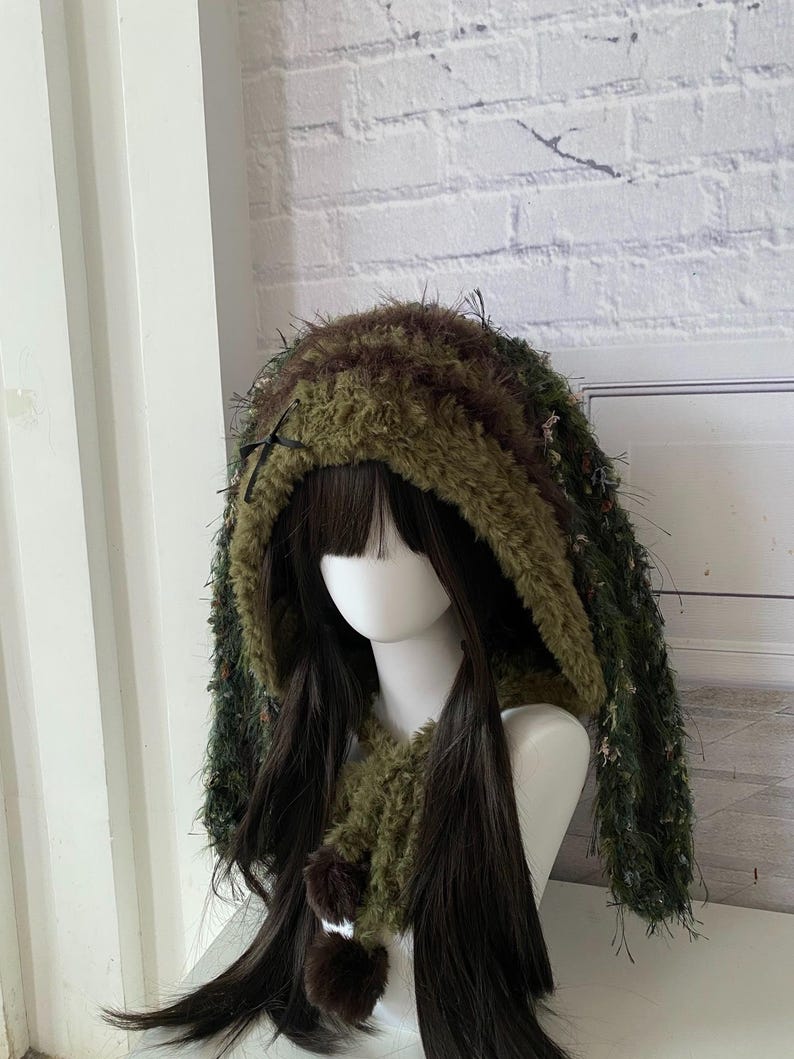 Handmade Plush Rabbit Hood: Cozy Brown & Green Whimsical Design - Etsy