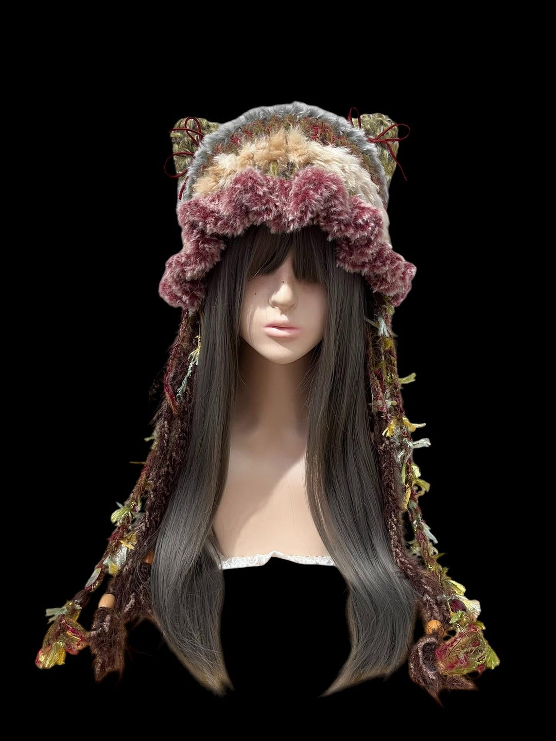 Vintage Forest Cat Ear Hat - Plush Floral Beanie Burgundy Green - Etsy