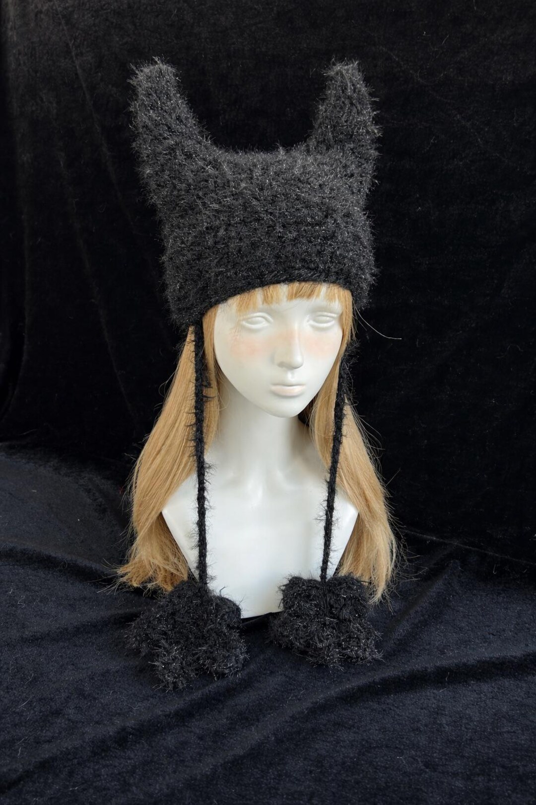 Black Devil Horn Knit Hat: Gothic Demon Statement Beanie With Braided ...