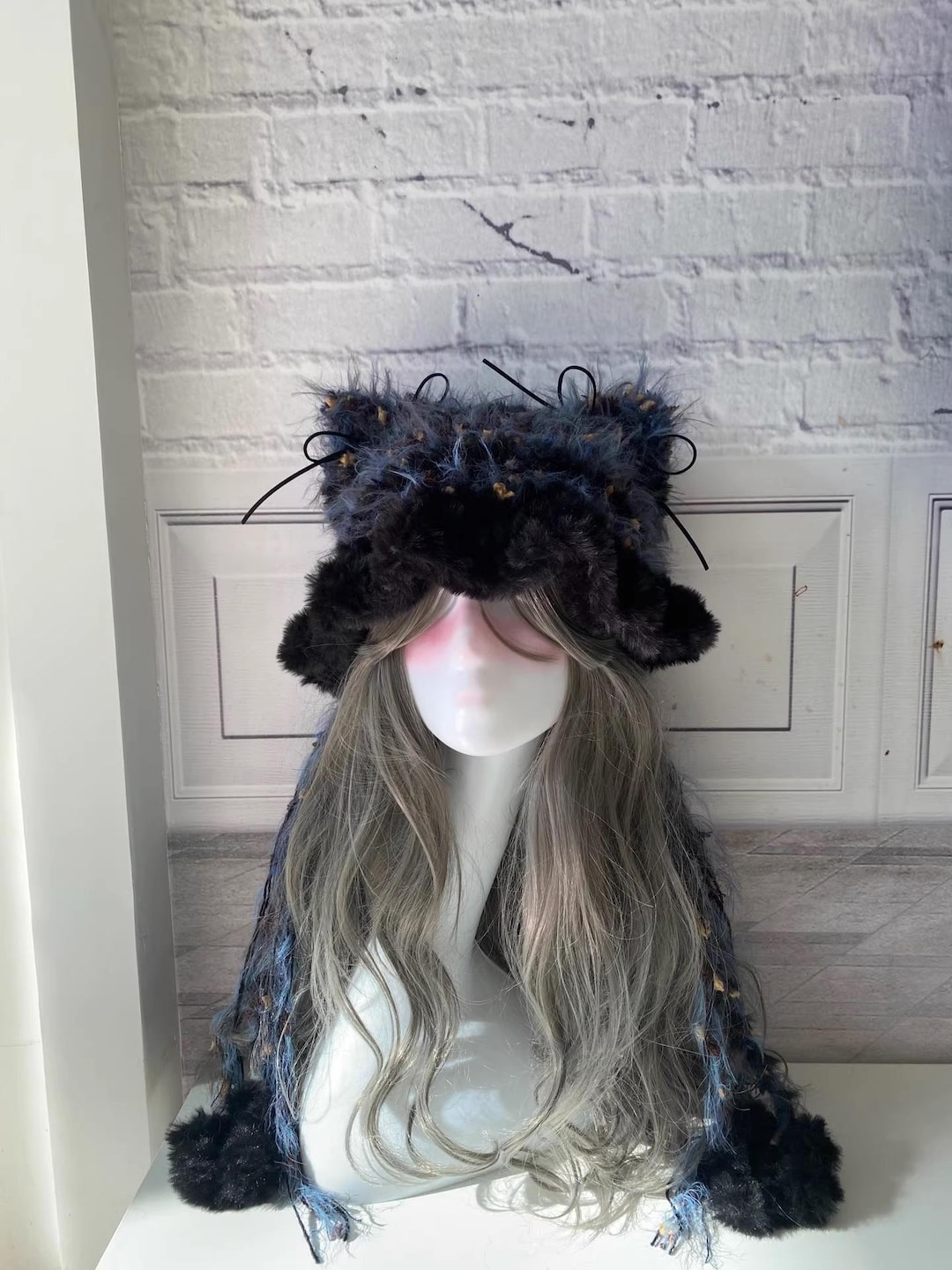 Handmade Black & Blue Faux Fur Cat Ear Beanie: Kawaii Cosplay Hood - Etsy