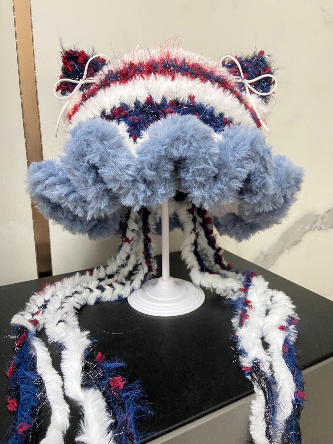 Handmade Red White Blue Cat Ear Jellyfish Hat - Cozy Warm Winter Beanie ...