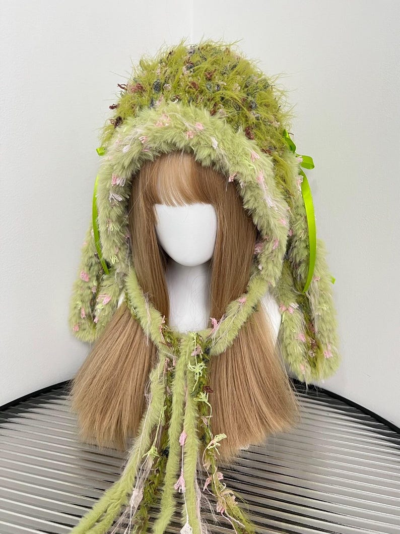 Rabbit Ear Crochet Hood: Moss Green Plush Warmth & Style - Etsy