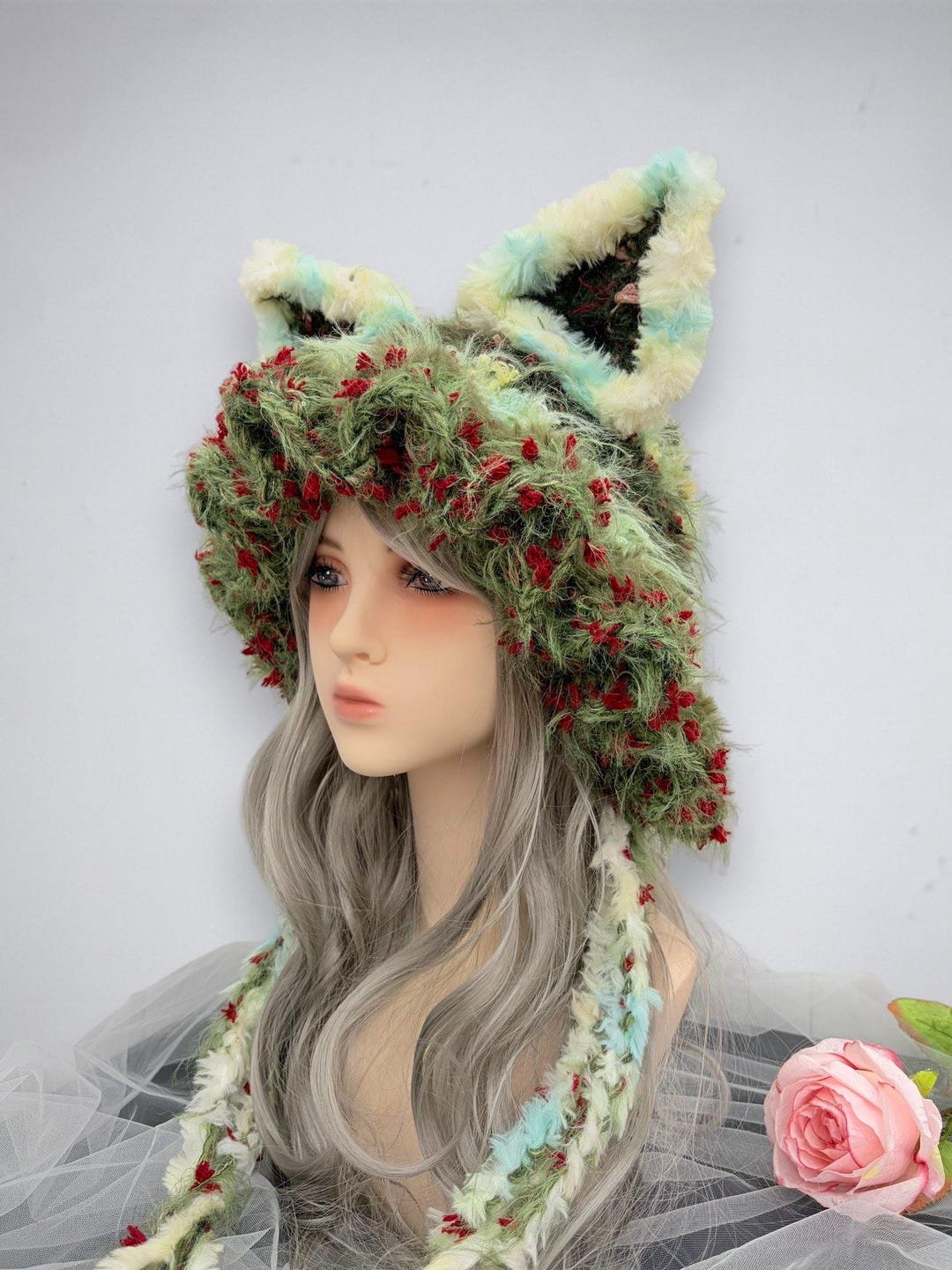 Green Fox Ear Hood: Cozy Plush Winter Hood With Floral & Tassel - Etsy