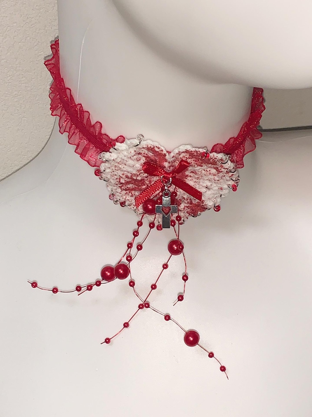 Red Lace Choker Necklace - Handmade Blood Sweetheart With Beaded Tassel ...
