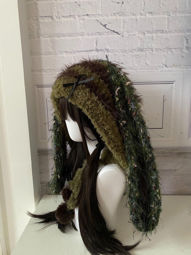 Handmade Plush Rabbit Hood: Cozy Brown & Green Whimsical Design - Etsy