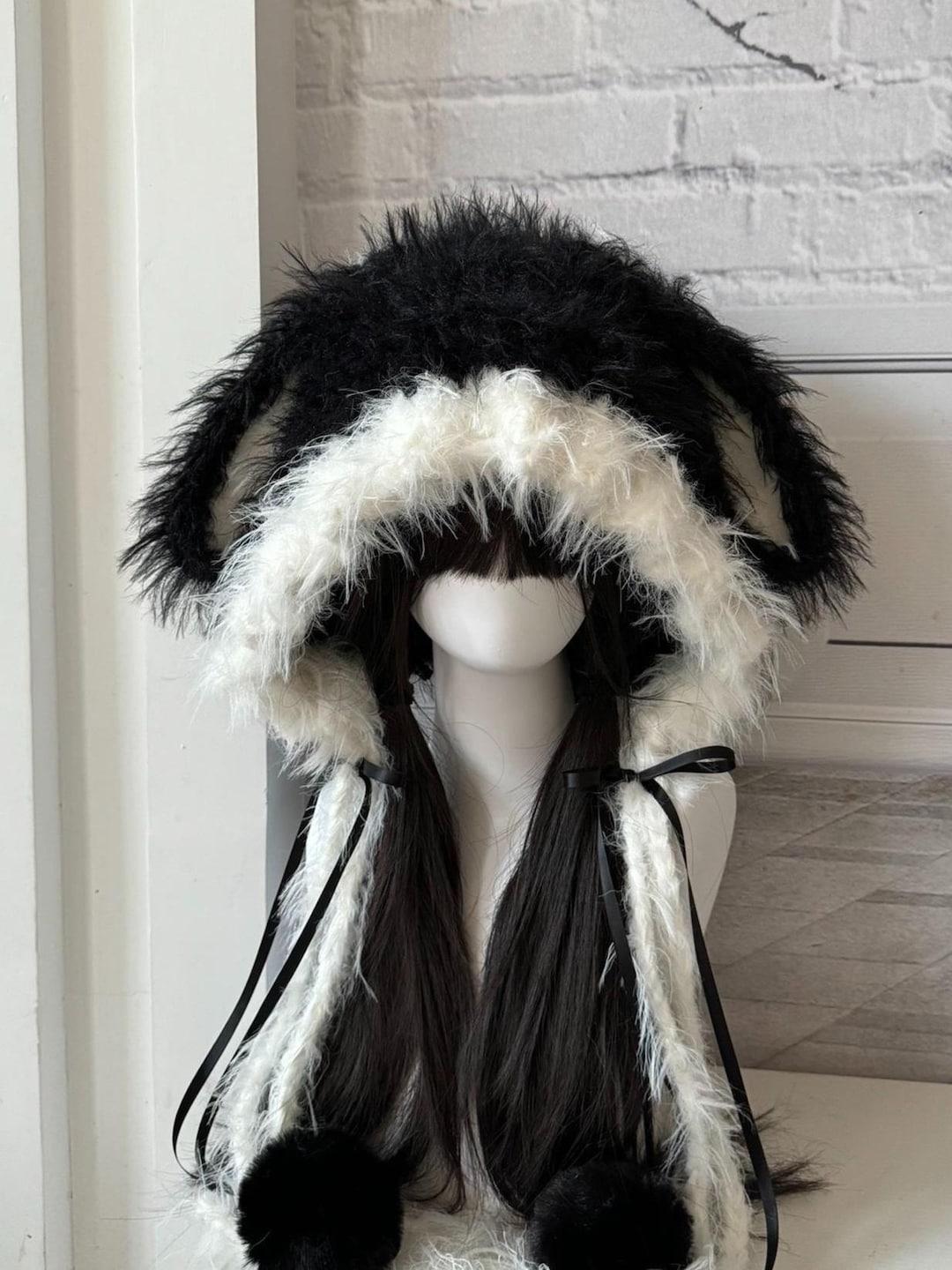 Black White Rabbit Ear Hood - Handmade Cozy Short Ears - Etsy