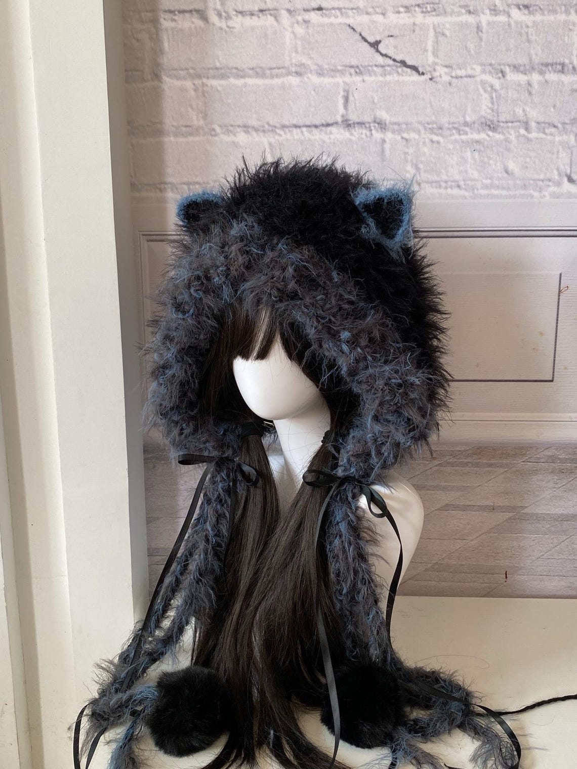 Black & Blue Handmade Knit Cat Ear Hood - Etsy