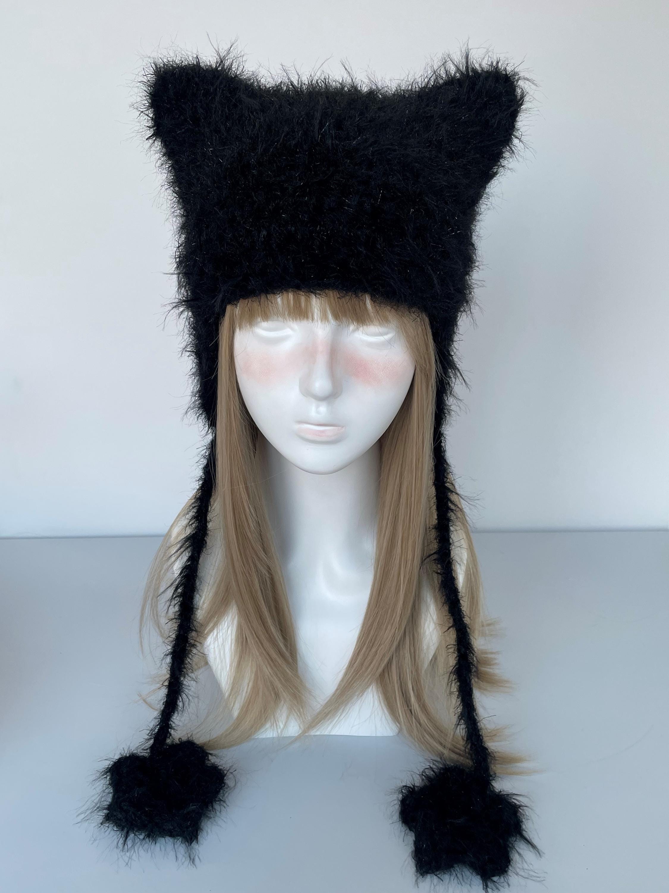 Handmade Fluffy Black Cat Ear Beanie: Soft Knit Winter Hat - Etsy