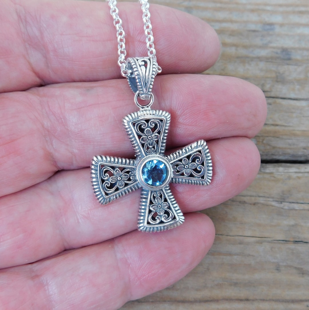 Beautiful Cross Necklace Handmade in Sterling Silver 925 With a Blue ...