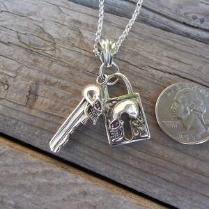 Skull Key and Lock Necklace Handmade in Sterling Silver With Small Red ...