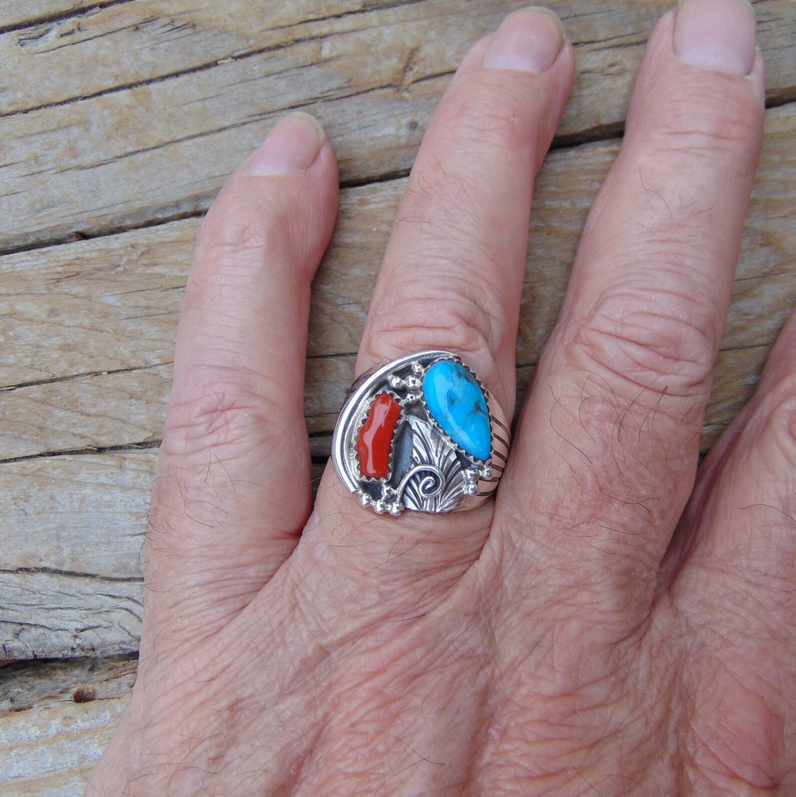 Beautiful Turquoise and Red Coral Ring Handmade and Signed in - Etsy