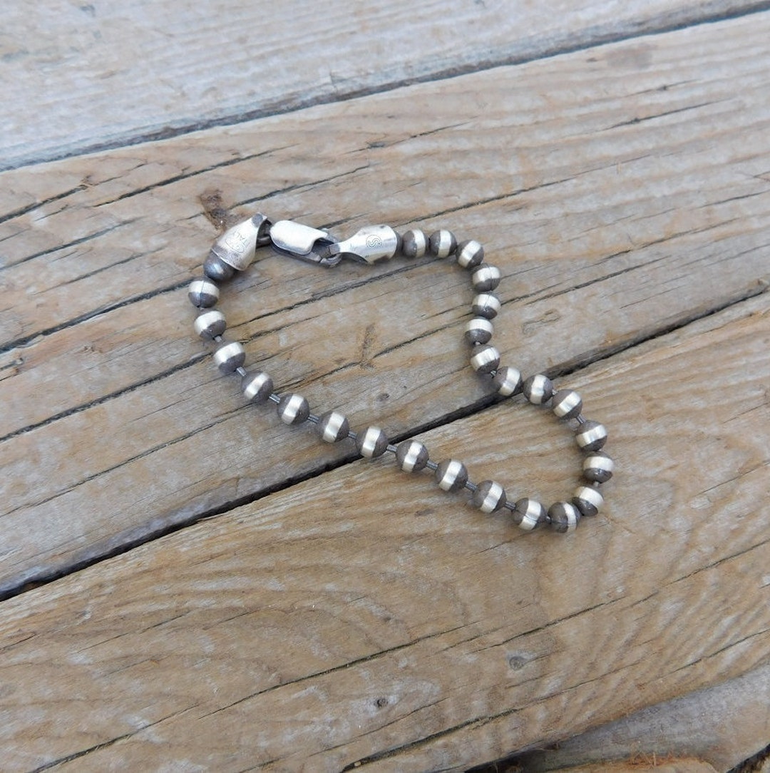 Beaded Chain Bracelet 4mm Wide 7" Long Handmade in Sterling Silver 925 ...