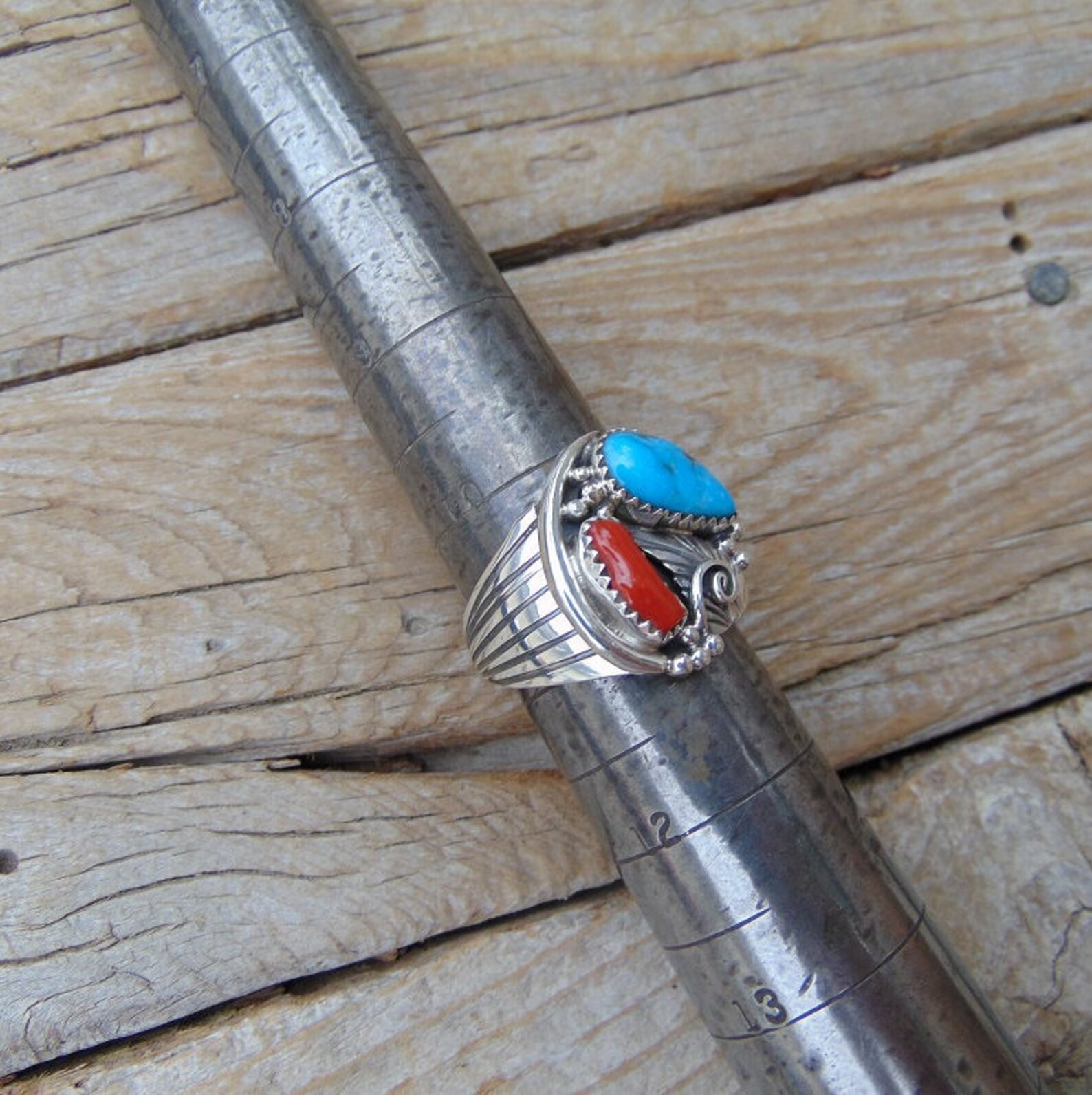 Beautiful Turquoise and Red Coral Ring Handmade and Signed in - Etsy