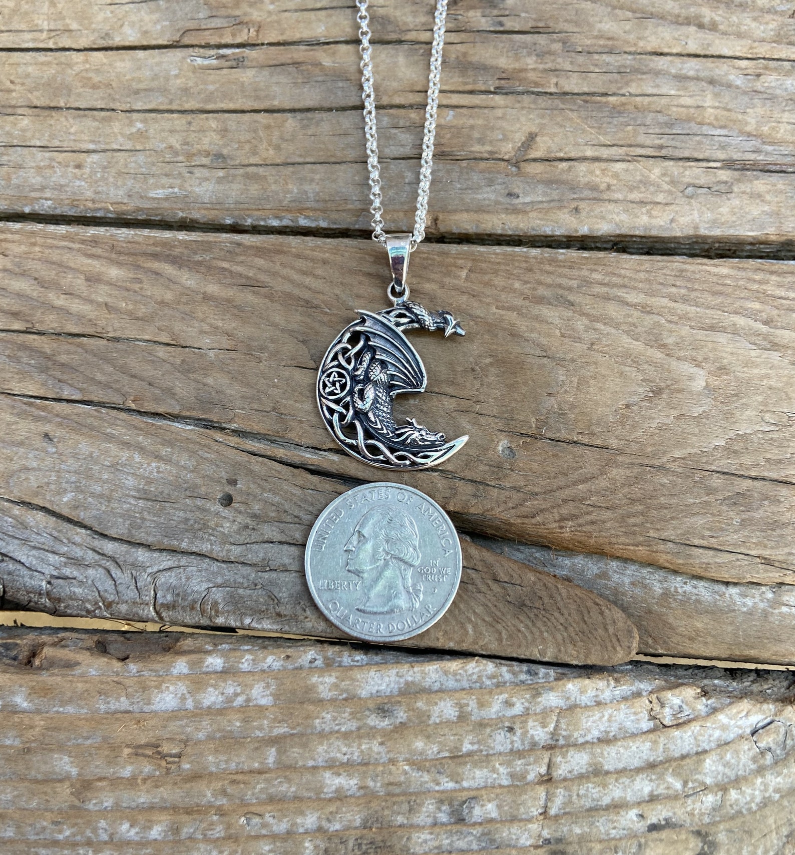 Winged Dragon Perched on a Celtic Moon Necklace Handmade in Sterling ...
