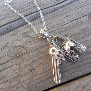 Skull Key and Lock Necklace Handmade in Sterling Silver With Small Red ...