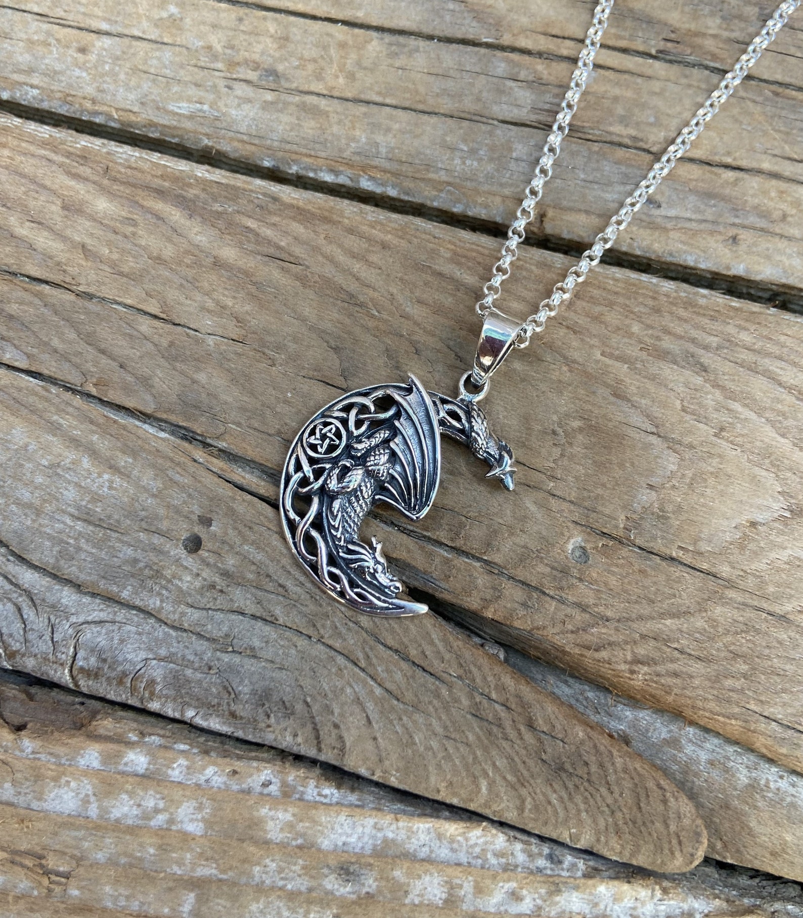 Winged Dragon Perched on a Celtic Moon Necklace Handmade in Sterling ...