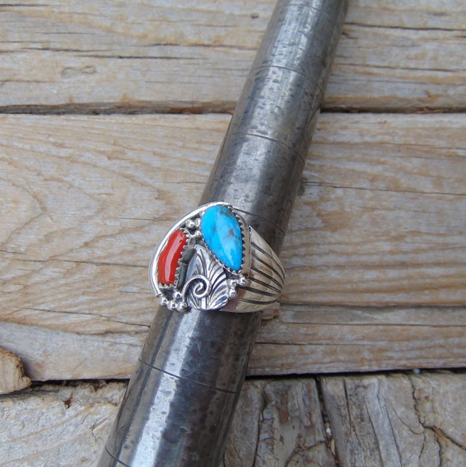 Beautiful Turquoise and Red Coral Ring Handmade and Signed in - Etsy