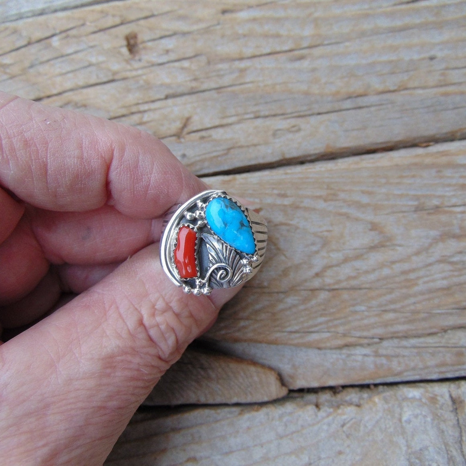 Beautiful Turquoise and Red Coral Ring Handmade and Signed in - Etsy