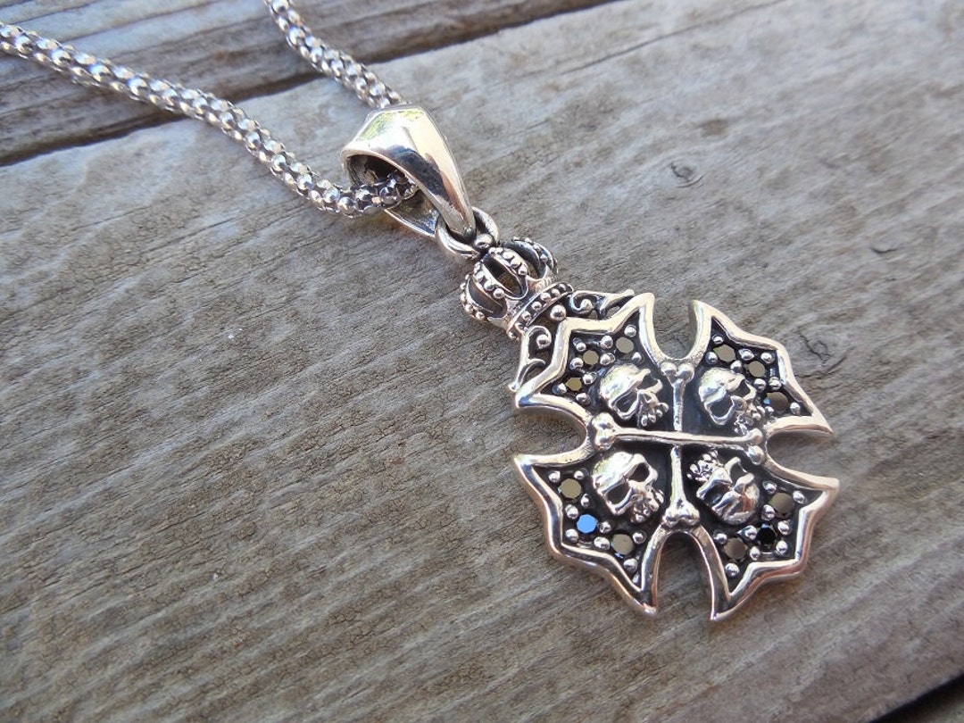 Medieval Crowned Skull Cross Necklace in Sterling Silver 925 With Black ...