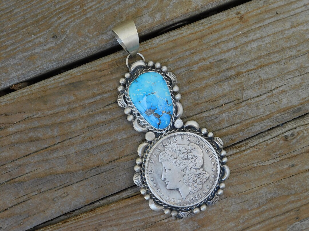 Large Morgan Silver Dollar Necklace With With a Beautiful Blue Persian ...
