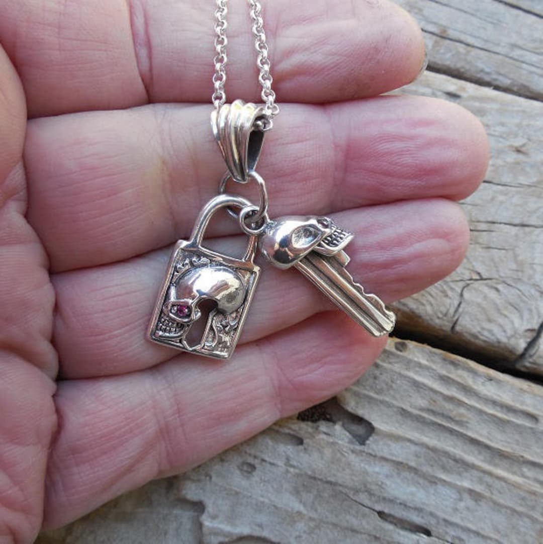 Skull Key and Lock Necklace Handmade in Sterling Silver With Small Red ...