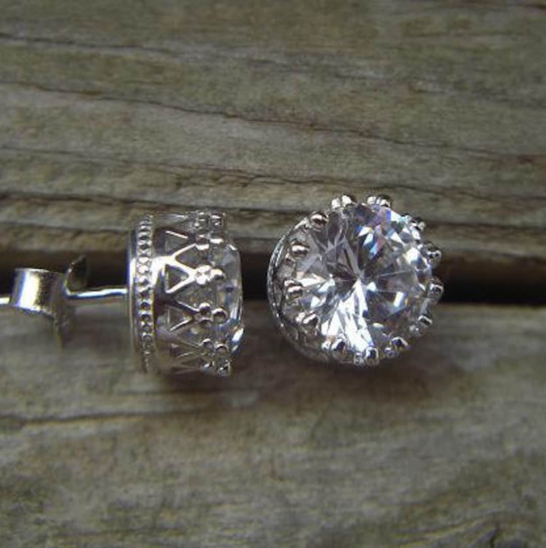 CZ Earrings Set in a Crown Bezel Handmade in Sterling Silver - Etsy