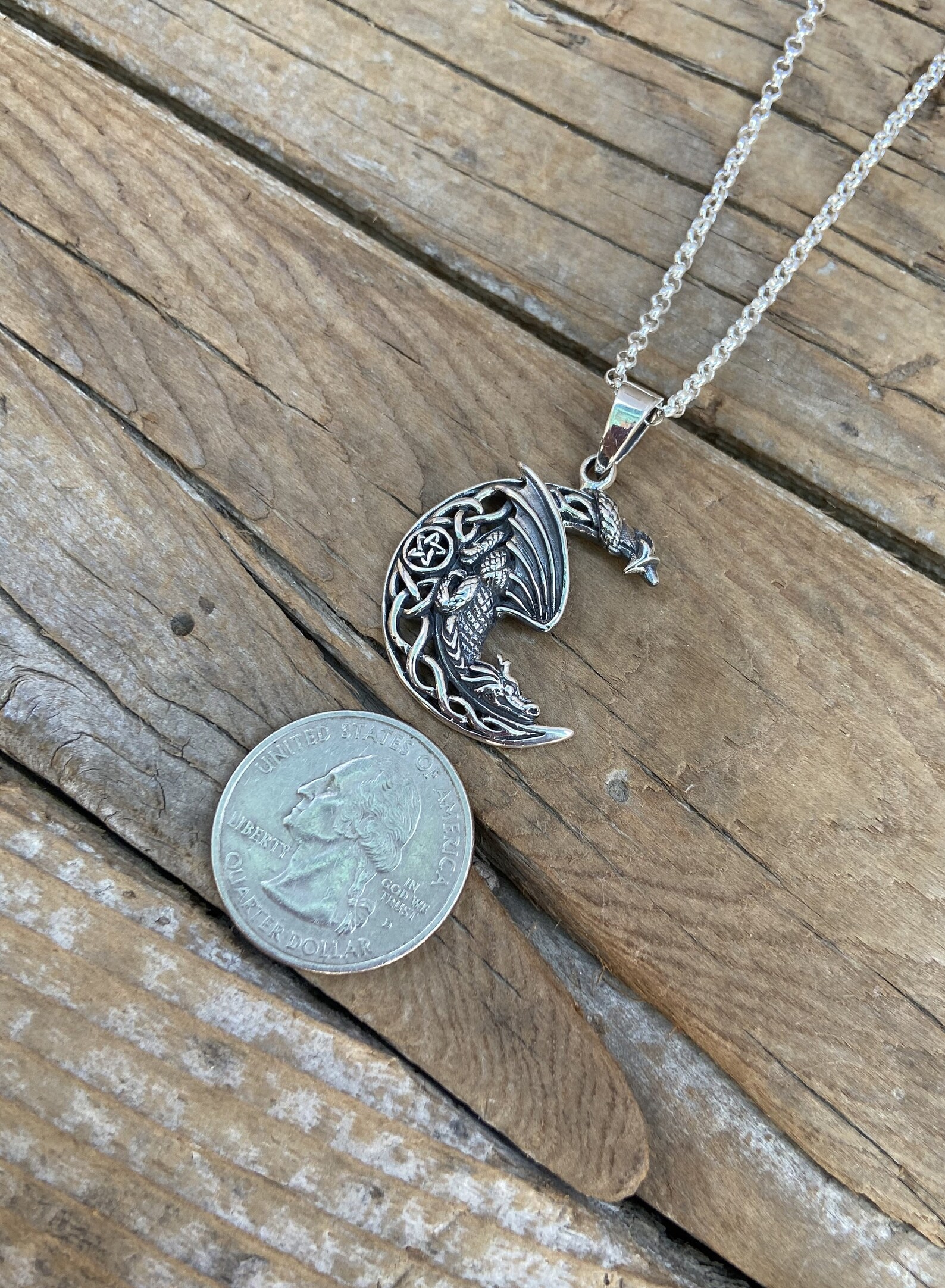 Winged Dragon Perched on a Celtic Moon Necklace Handmade in Sterling ...