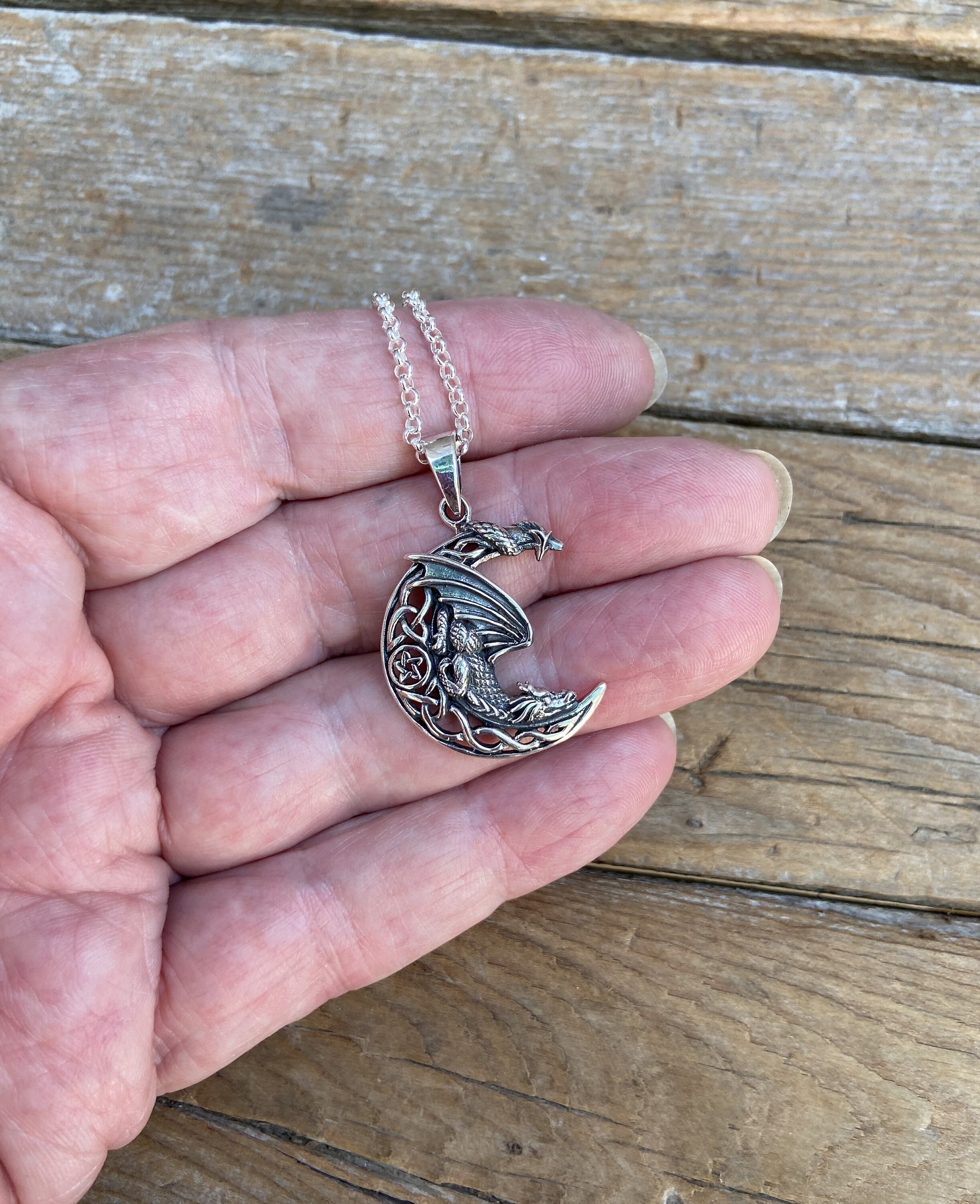 Winged Dragon Perched on a Celtic Moon Necklace Handmade in Sterling ...