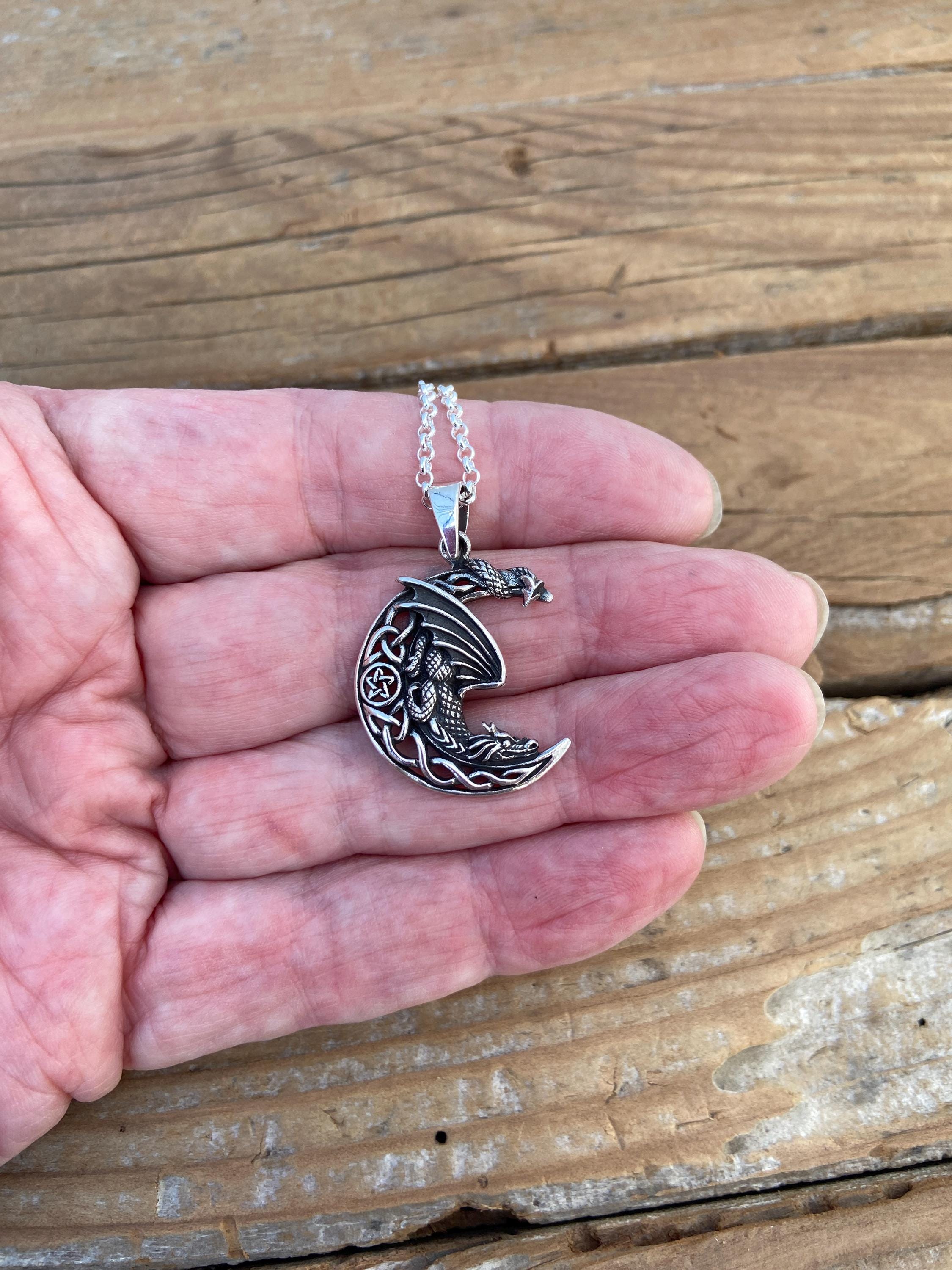 Winged Dragon Perched on a Celtic Moon Necklace Handmade in Sterling ...
