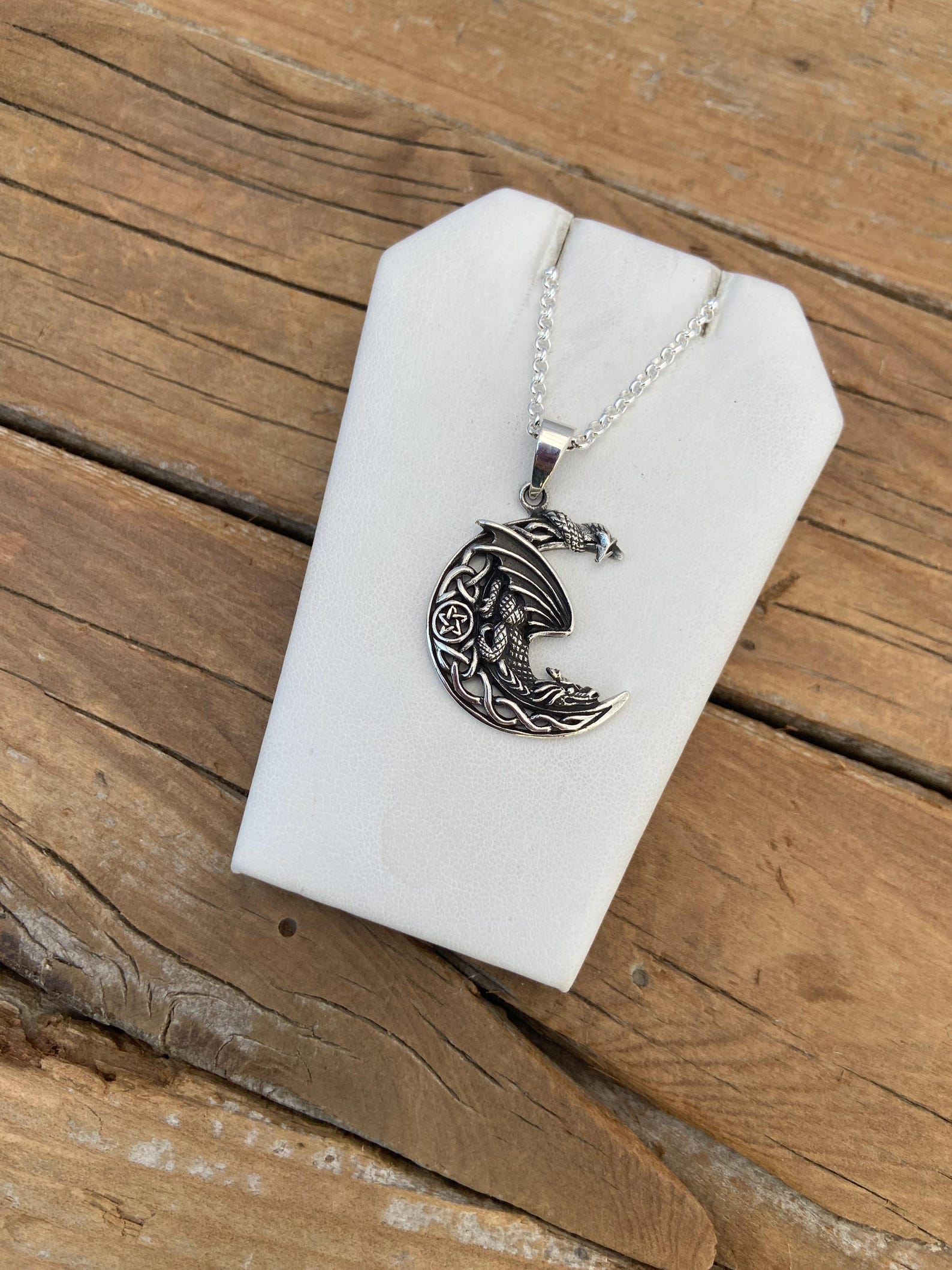 Winged Dragon Perched on a Celtic Moon Necklace Handmade in Sterling ...