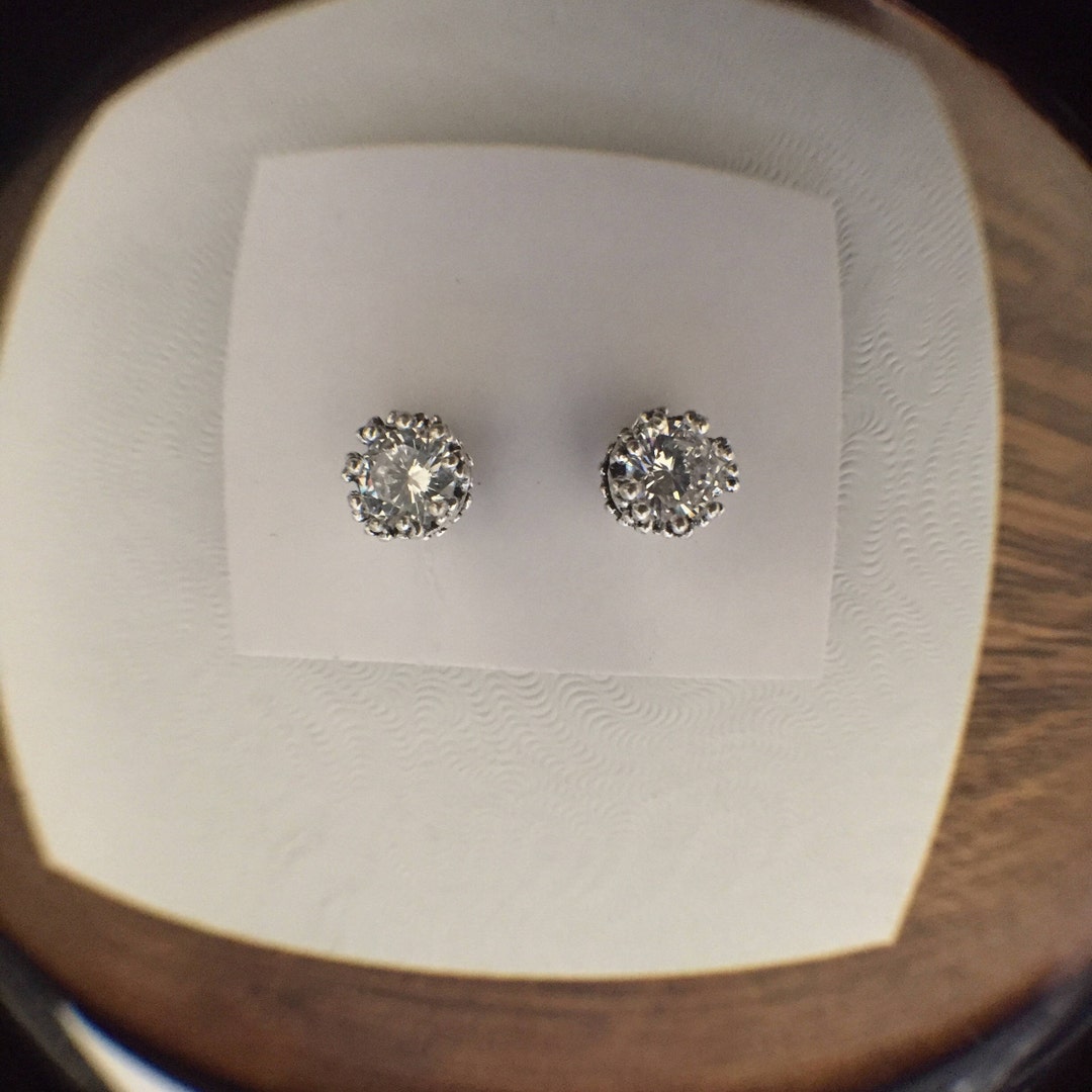 CZ Stud Earrings Set in Crown Mountings Handmade in Sterling Silver 925 ...