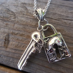 Skull Key and Lock Necklace Handmade in Sterling Silver With Small Red ...