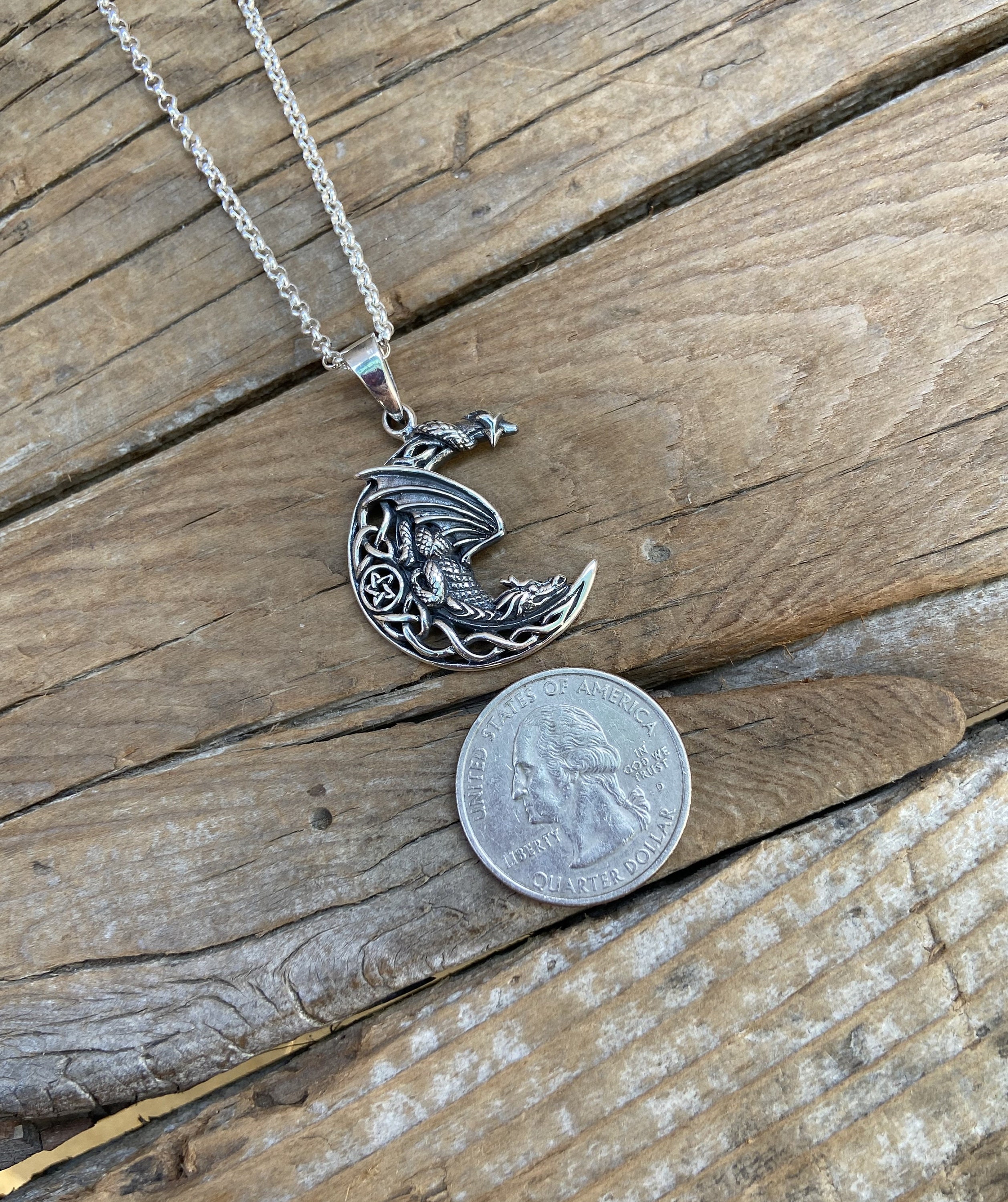 Winged Dragon Perched on a Celtic Moon Necklace Handmade in Sterling ...