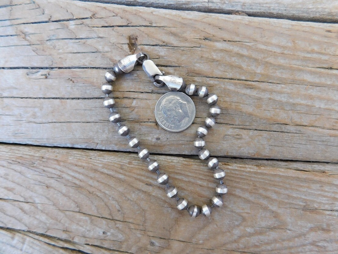 Beaded Chain Bracelet 4mm Wide 7" Long Handmade in Sterling Silver 925 ...