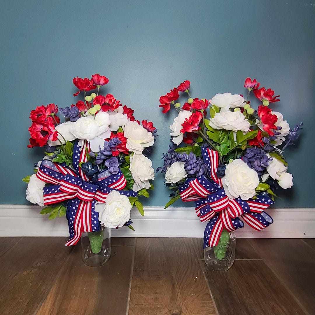 Patriotic Cemetery Vase Floral Arrangement - Red, White, & Blue ...