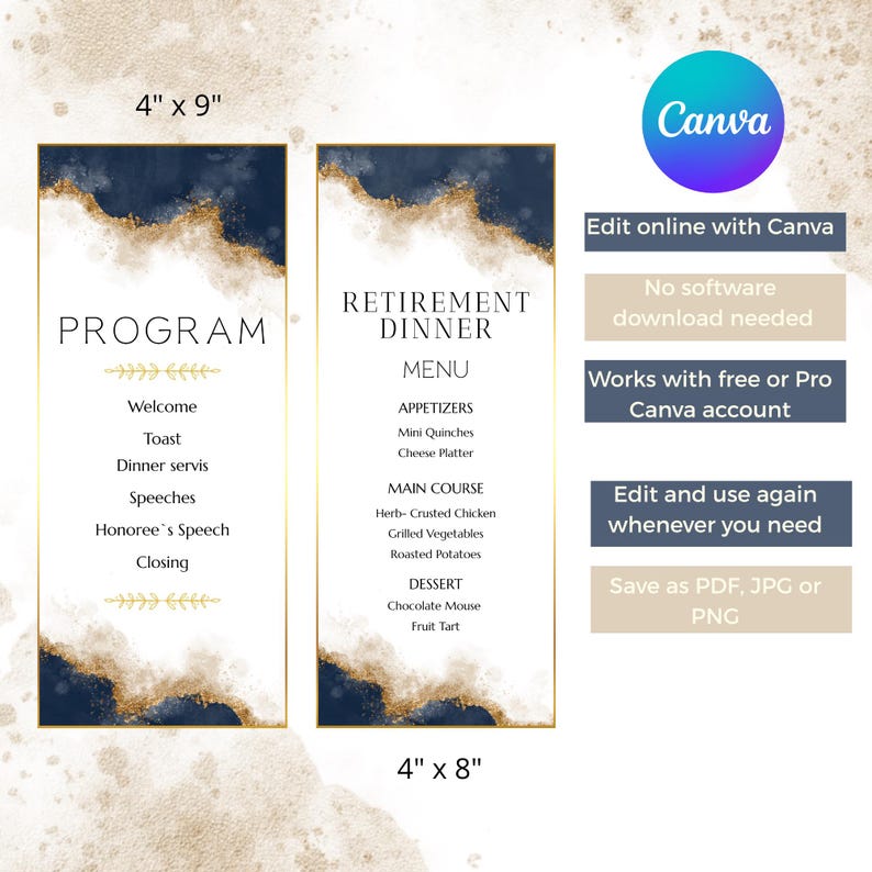 Elegant Blue Gold Retirement Dinner Invitation Program Menu Bundle ...