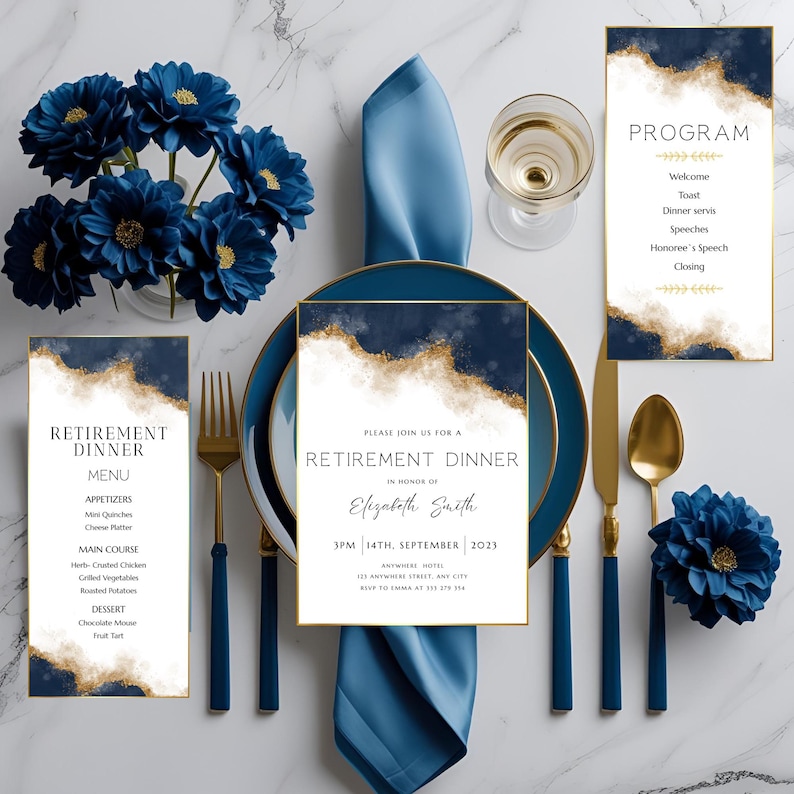 Elegant Blue Gold Retirement Dinner Invitation Program Menu Bundle ...