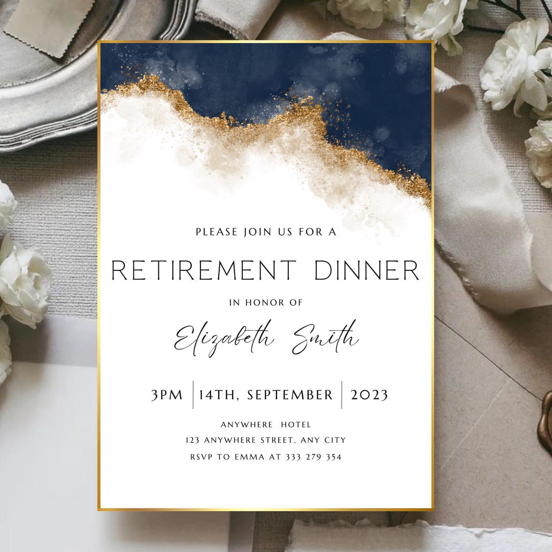 Elegant Blue Gold Retirement Dinner Invitation Program Menu Bundle ...