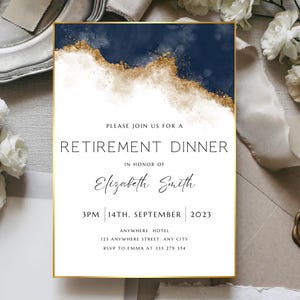 Elegant Blue Gold Retirement Dinner Invitation Program Menu Bundle ...