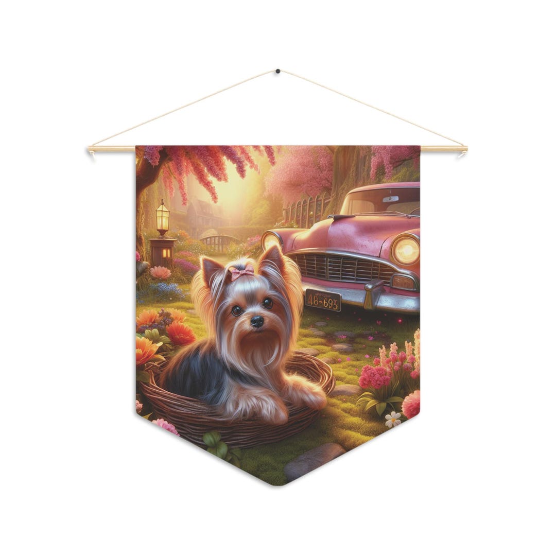Yorkie Dog Wall Banner - Vintage Car Floral Decor - Dog Lover Gift ...