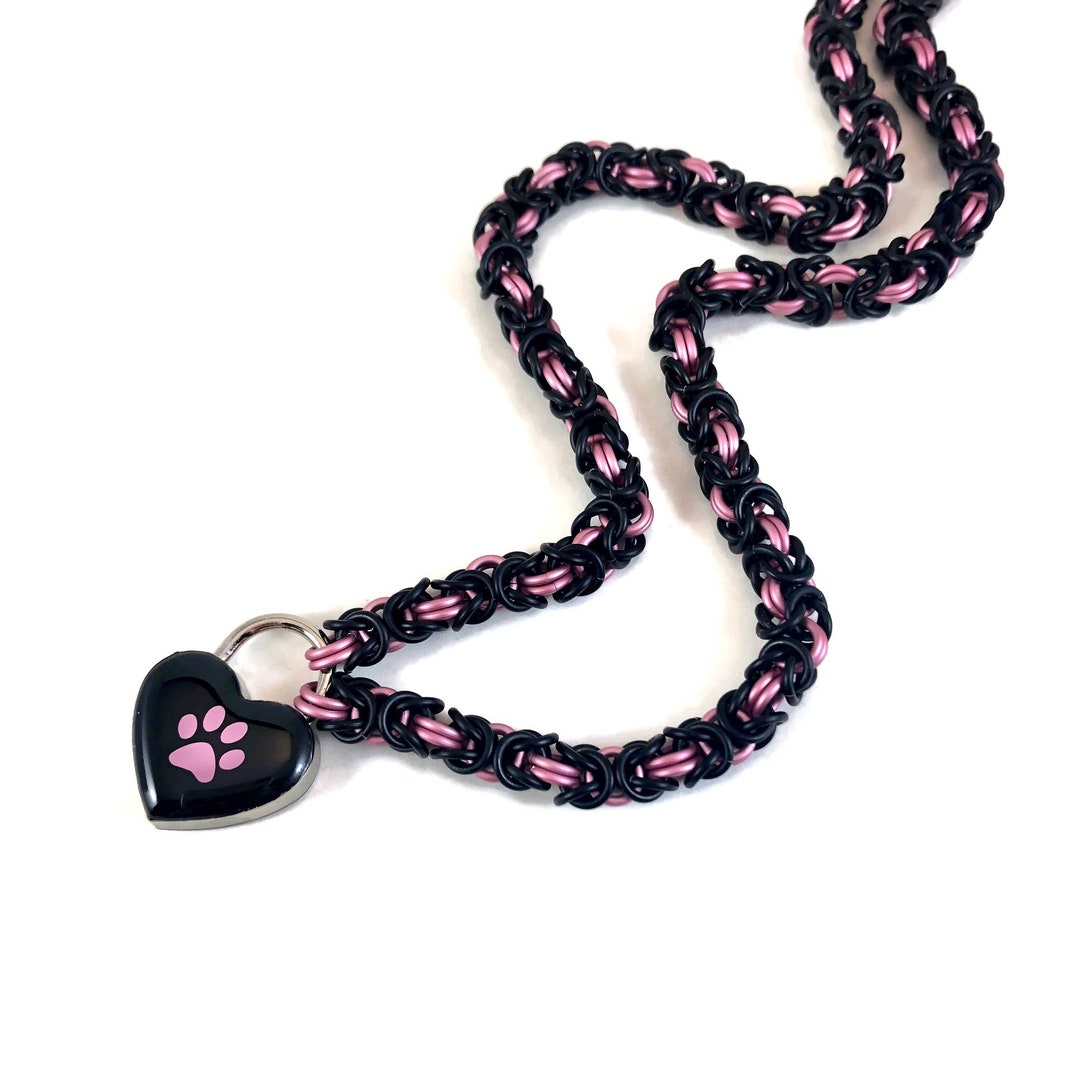 BDSM Slave Collar Pink and Black Paw Print Chainmail Day Collar Puppy ...