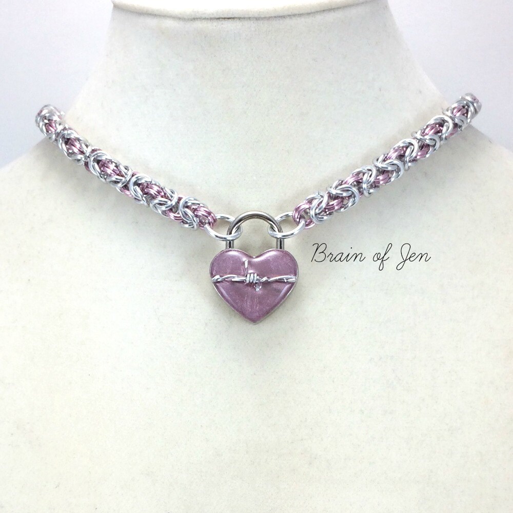 Pink and Silver Slave Collar with Barbed Wire Heart Lock Chainmail ...