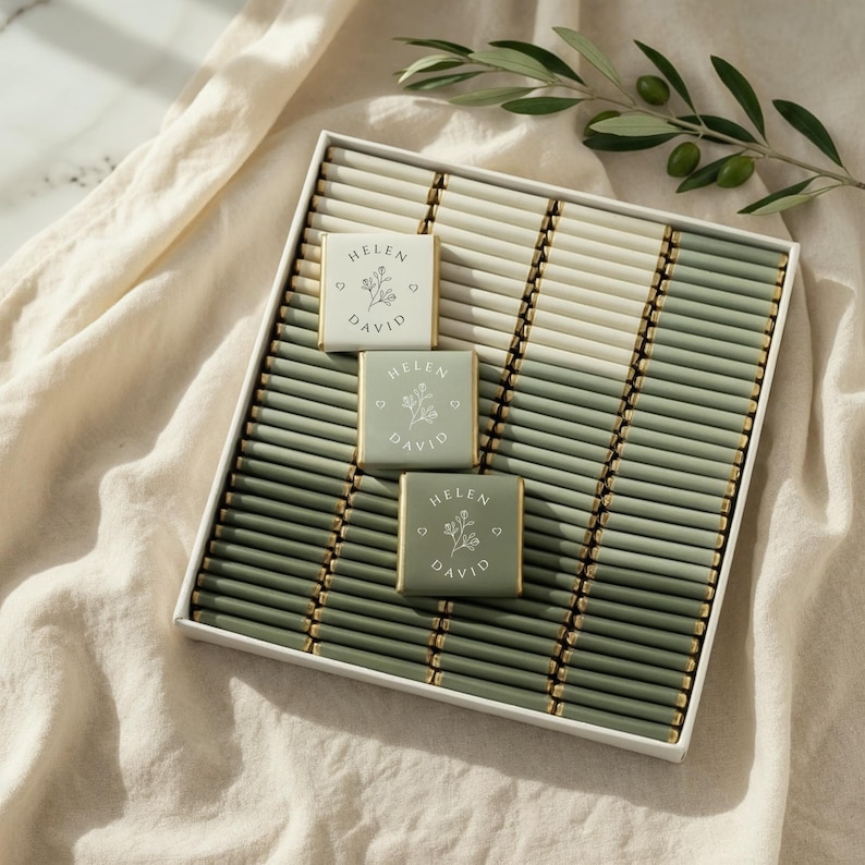 Elegant Wedding Chocolate Favors, Personalized Gift Box, Green Wrapping ...