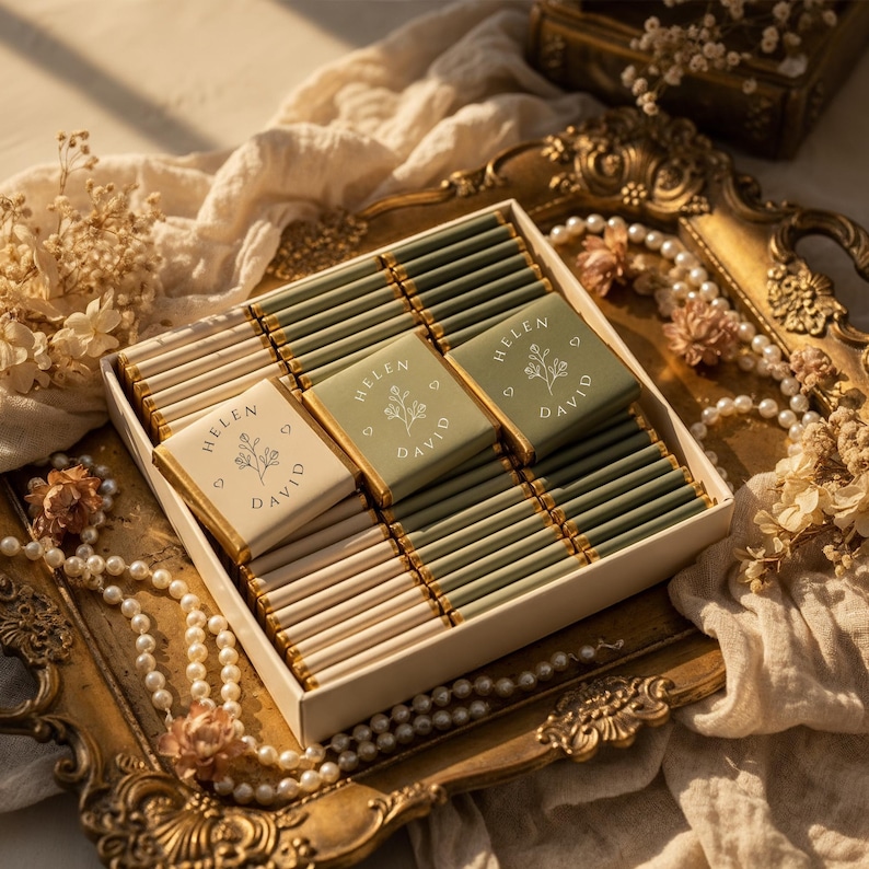 Elegant Wedding Chocolate Favors, Personalized Gift Box, Green Wrapping ...