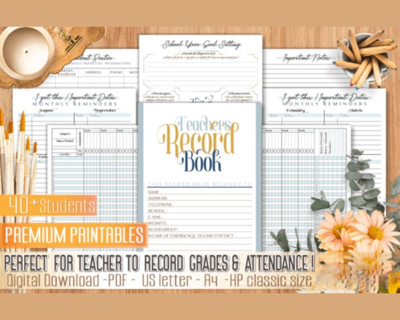 Printable Teacher Record Book – Track Attendance and Grades | Editable ...