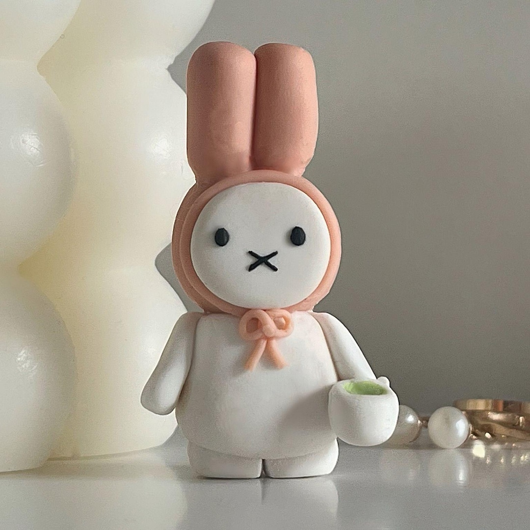 Cute Polymer Clay Miffy Figurines- Peach With Matcha Tea - Etsy
