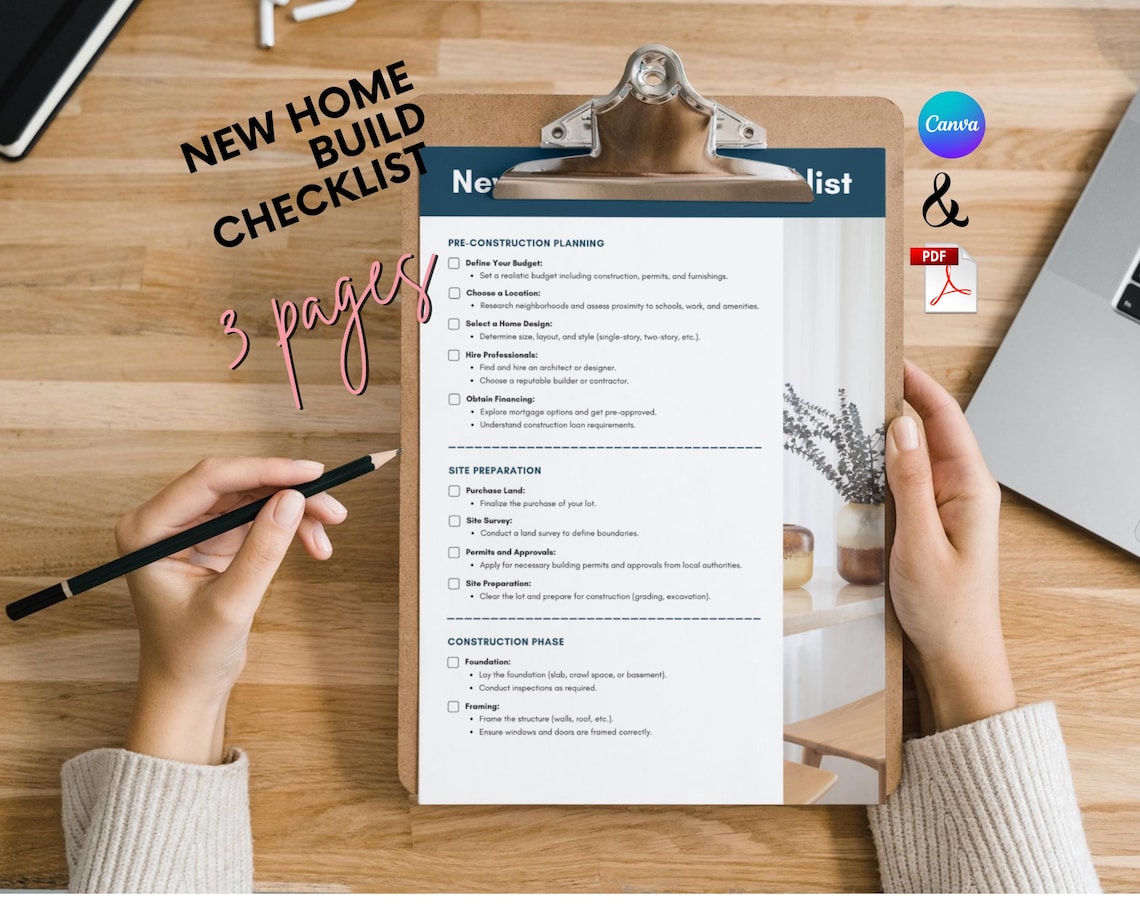 New Home Build Checklist | Printable PDF and Canva Template | Home ...