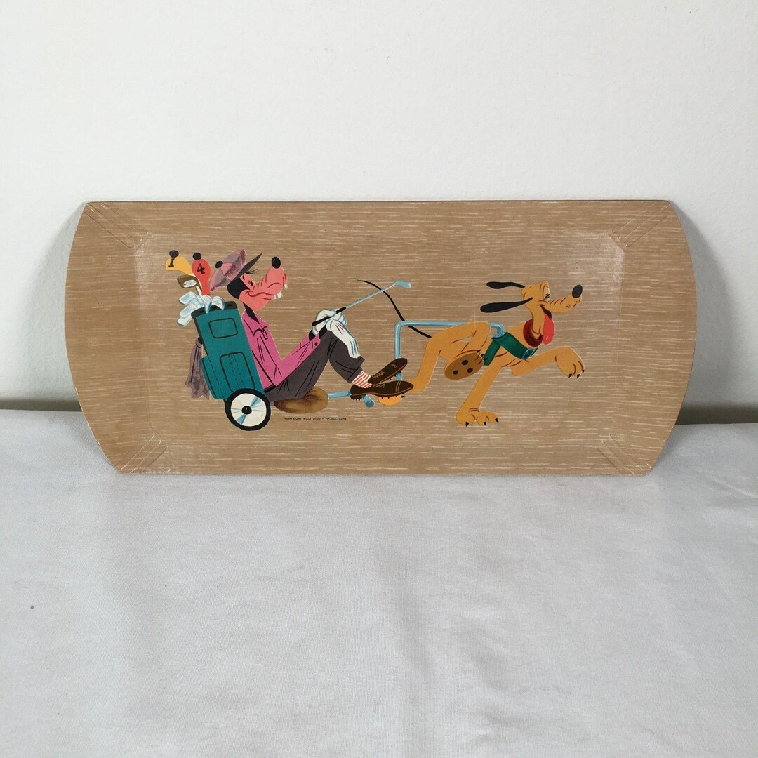 Vtg 60s/70s Disney Goofy & Pluto Golfing Lithograph Wood Veneer Tray ...