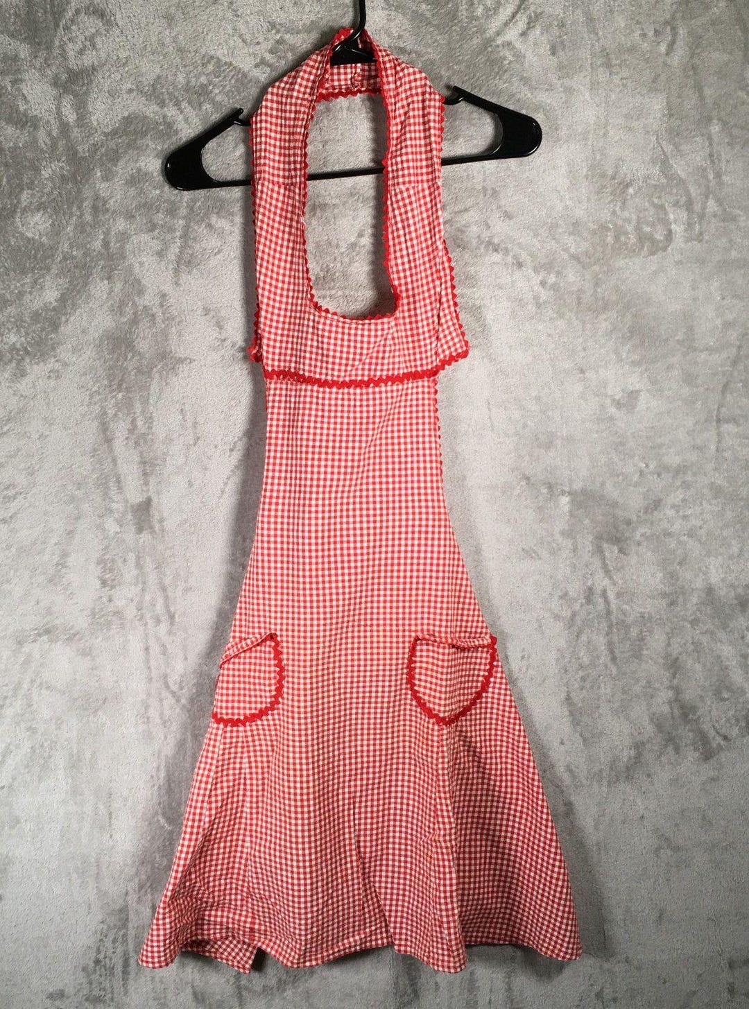 Vtg Handmade Kitchen Full Apron Red Gingham 2 Pockets Tie Back One Size ...