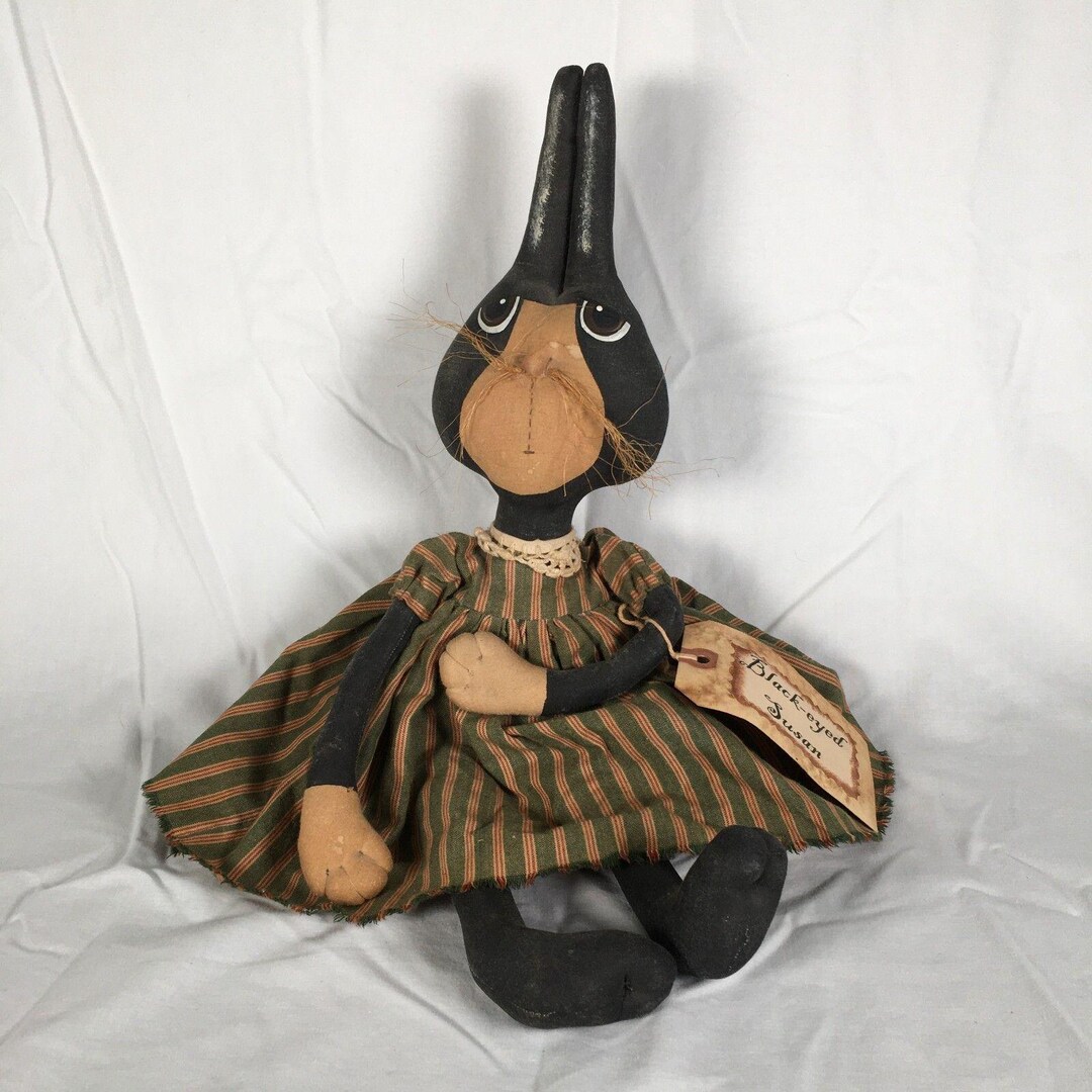 Vintage Folk Art Stuffed Plush Black Rabbit in Dress Hand Painted Face ...
